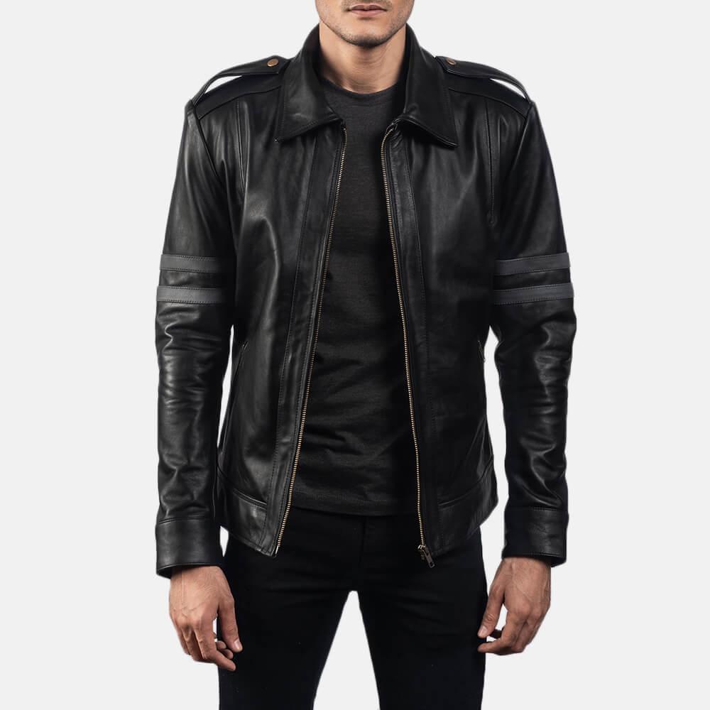 Mens Black Leather Biker Jacket with Grey Straps – LJG